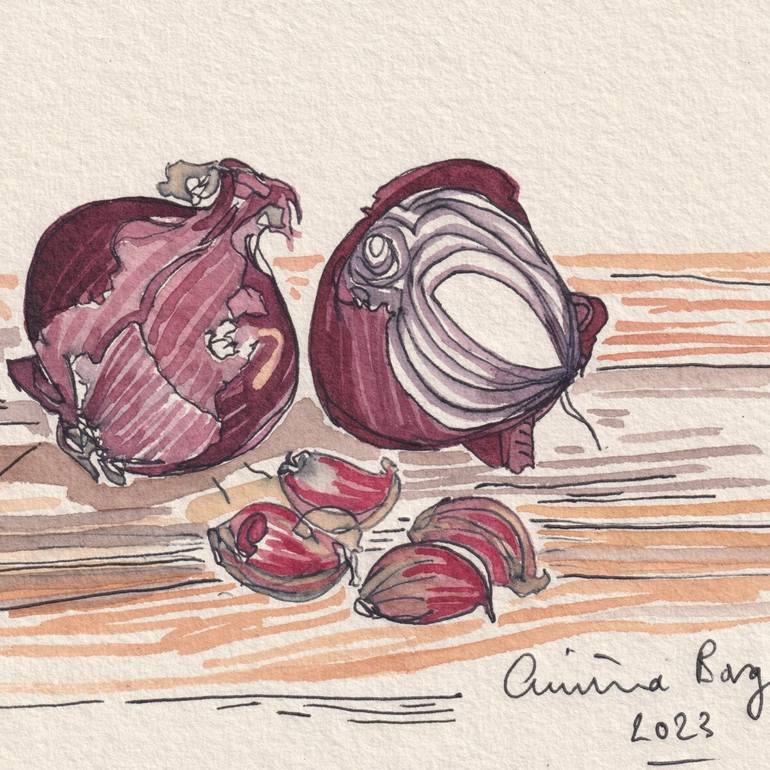 Still life, Spanish Onions & Garlic Drawing by Christina Borg | Saatchi Art