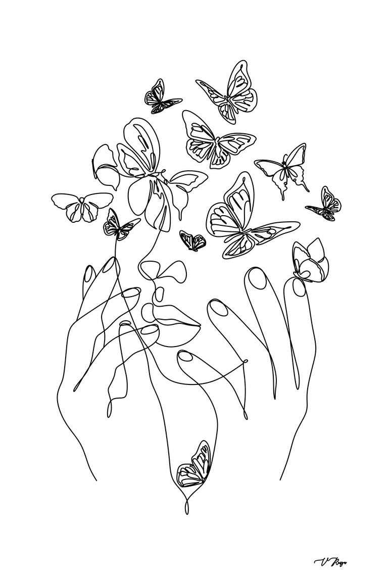 Line art woman with butterfly 2 Mixed Media by Victoria Rusyn | Saatchi Art