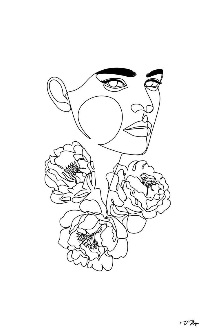 Abstract face with flowers by one line drawing Drawing by Victoria ...