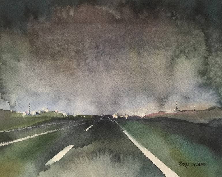 Night road Painting by Natalya Burgos | Saatchi Art