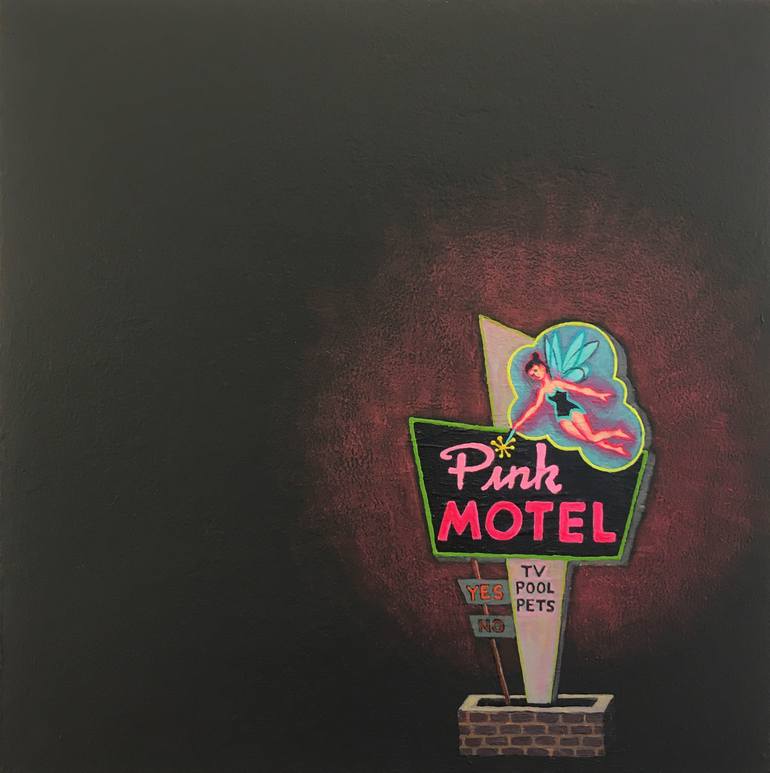 Mid Century Neon Pink Motel Painting by Rachel Paxton | Saatchi Art