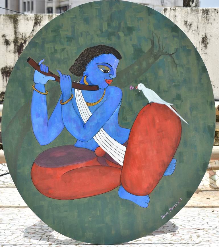 Krishna with parrot Painting by Purvii Parekh | Saatchi Art