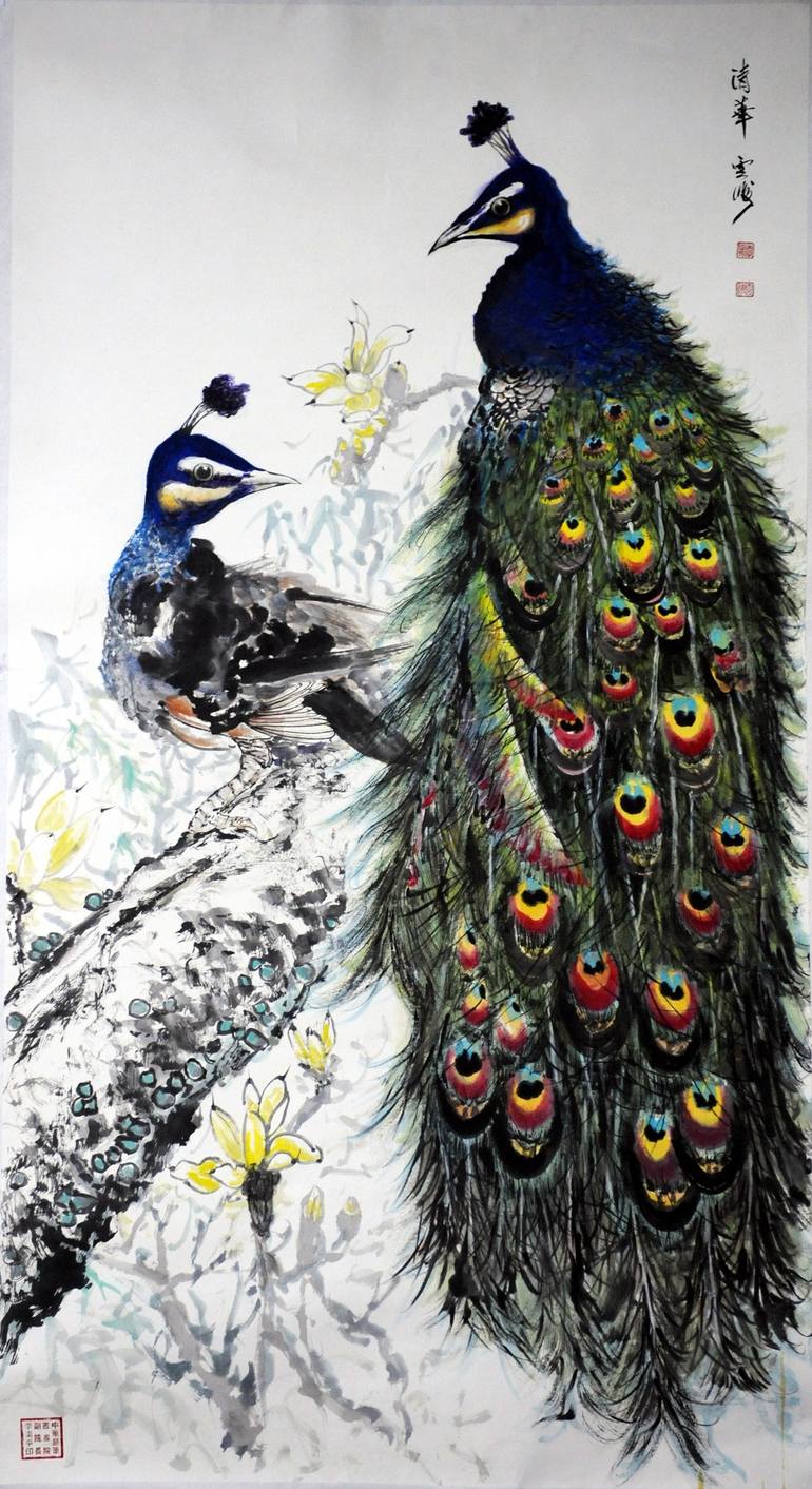 Chinese watercolour peacock paining Painting by Weiping Li | Saatchi Art
