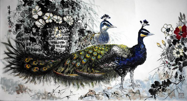 Chinese watercolour peacock paining Painting by Weiping Li | Saatchi Art