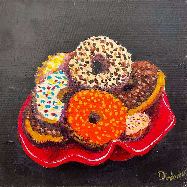 Still life with colourful donuts Painting by Dmitriy Fedorov | Saatchi Art