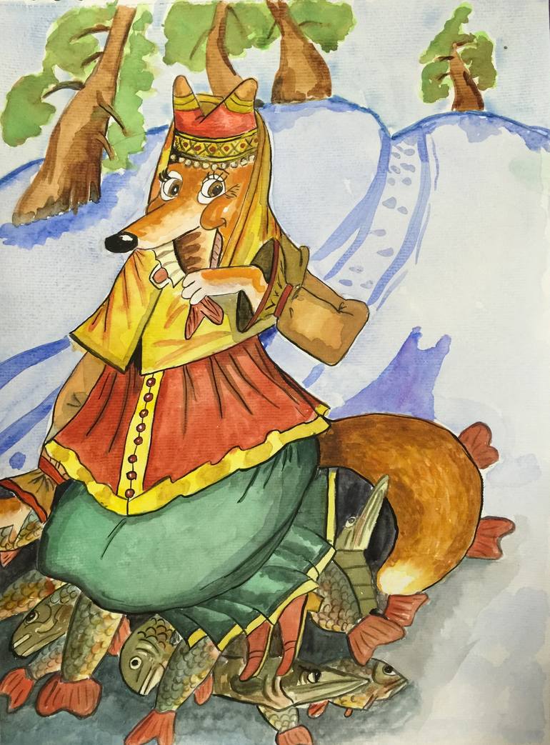 Fox and Fish Painting by Evgenia TS | Saatchi Art
