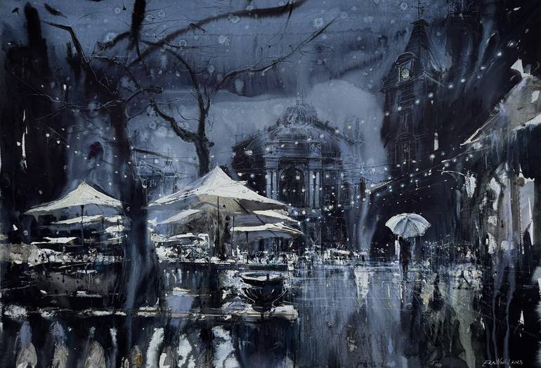 “Night umbrellas, 2025 paper, watercolor. 65×95 cm. Painting by Prunk ...