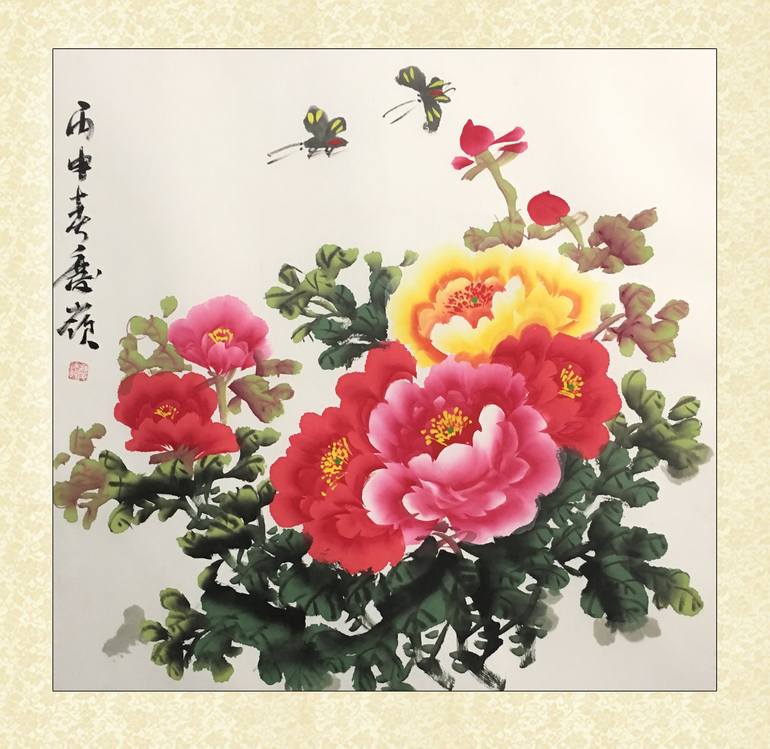 Chinese Painting Peony flower Painting by Qinjian Zheng | Saatchi Art