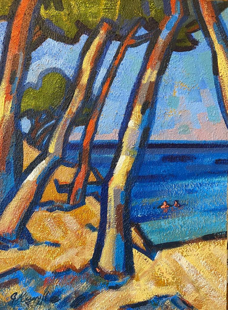 Mallorca, cala with swimmers. Painting by Gavin Meynell | Saatchi Art