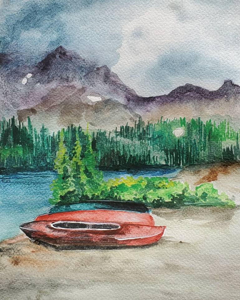 The red kayak Painting by Indrani Mitra | Saatchi Art