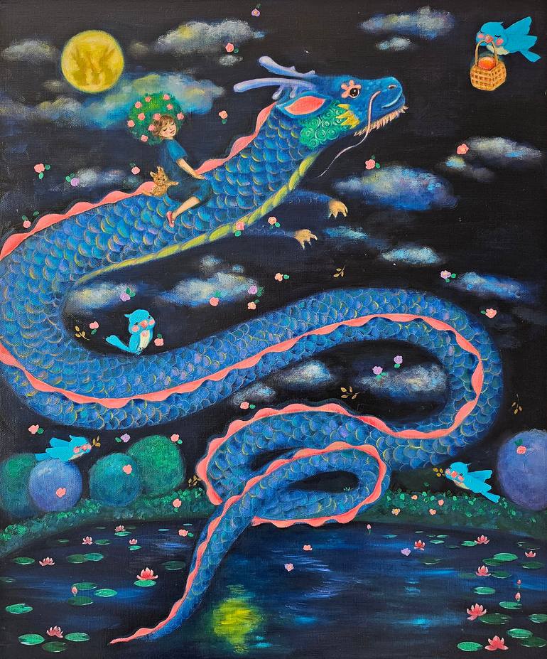 Camellia Girl Blue Dragon Painting by Eury Kim | Saatchi Art