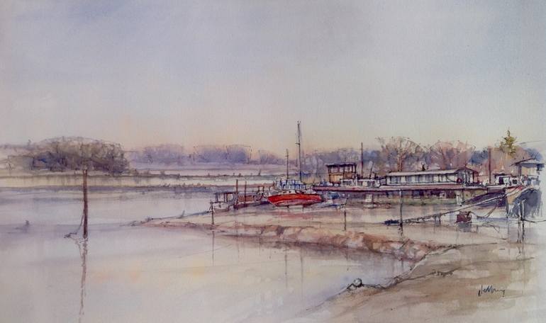 Melton Moorings and the Red Boat Painting by Terence Jeffrey | Saatchi Art