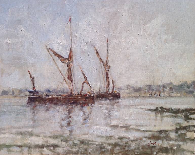 Barges Resting on the Orwell Painting by Terence Jeffrey | Saatchi Art