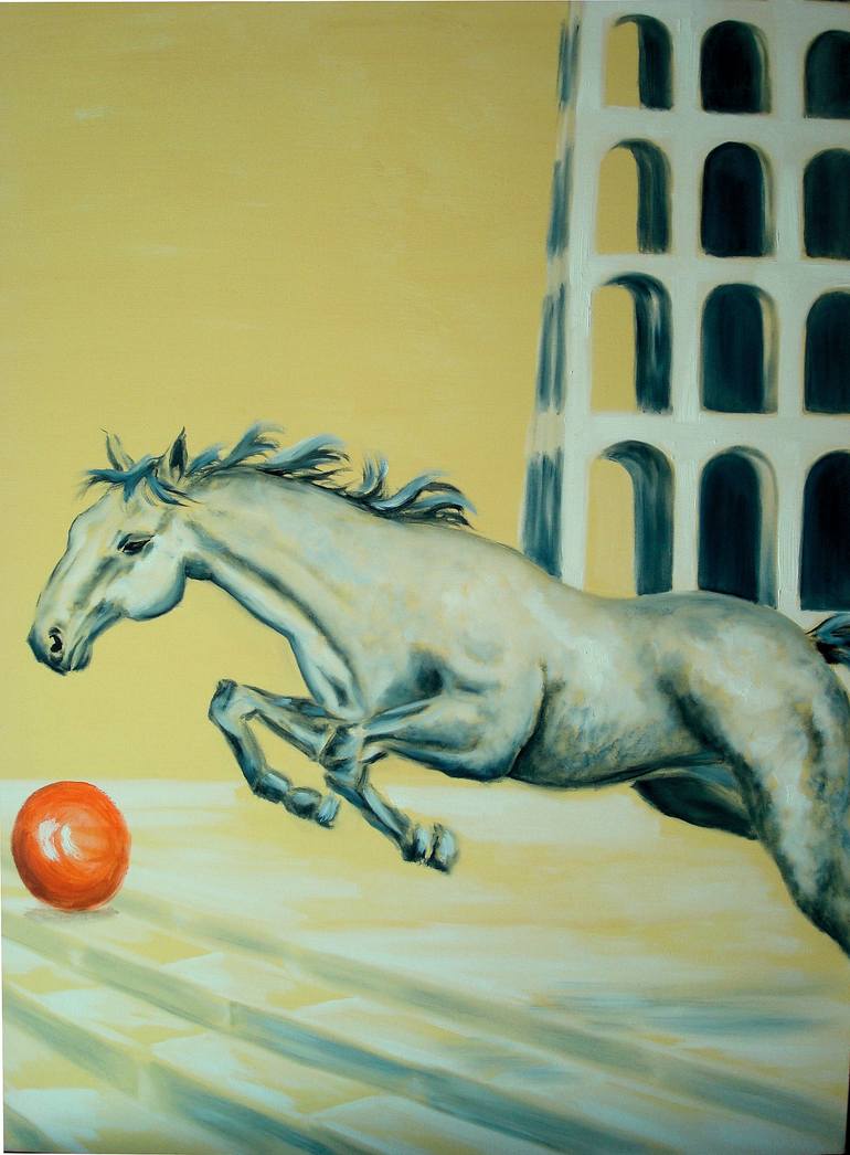 The city is not made for horses (the red ball) Painting by Claude Forthomme | Saatchi Art