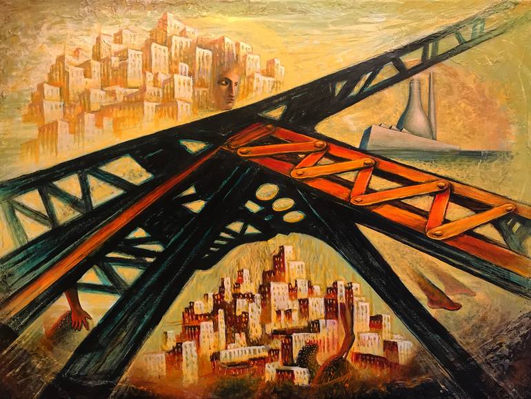 Steel Girders with City #3 Painting by Thomas Tomek | Saatchi Art