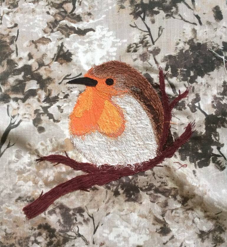 Cheeky Robin Textile Art Collage by Wendy Early Textile Art | Saatchi Art