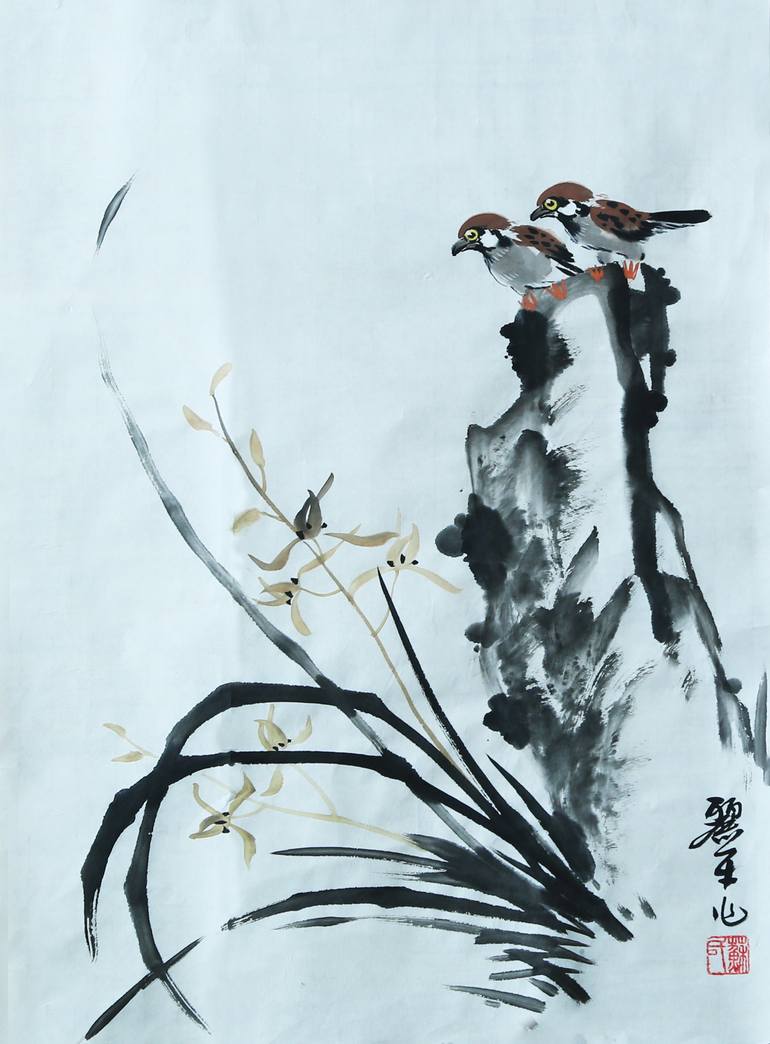 Bird, Stone, Orchid: 2015 Winter Painting by Liping Su | Saatchi Art