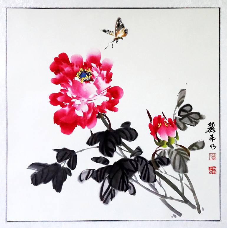 Peony with Butterfly Painting by Liping Su | Saatchi Art