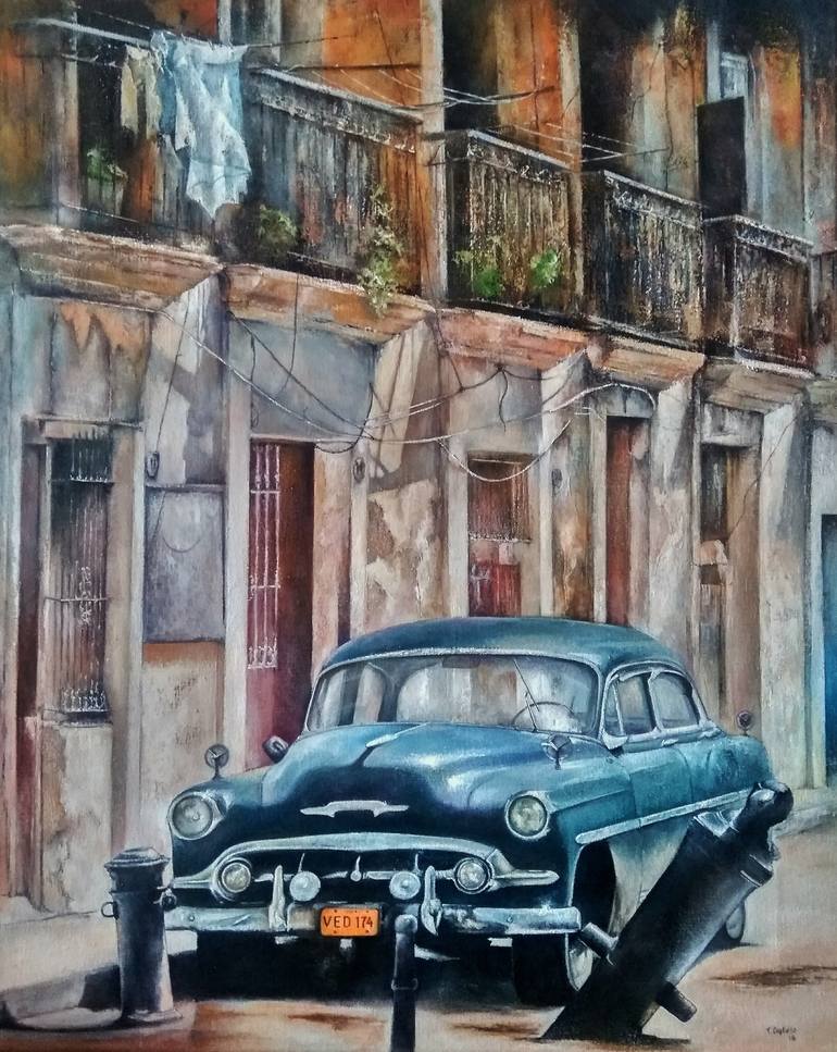Old havana-Blue car Painting by Tomas Castano | Saatchi Art
