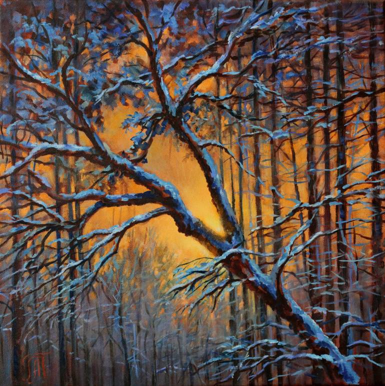 Sunset, forest and snow Painting by Leonid Polotsky | Saatchi Art