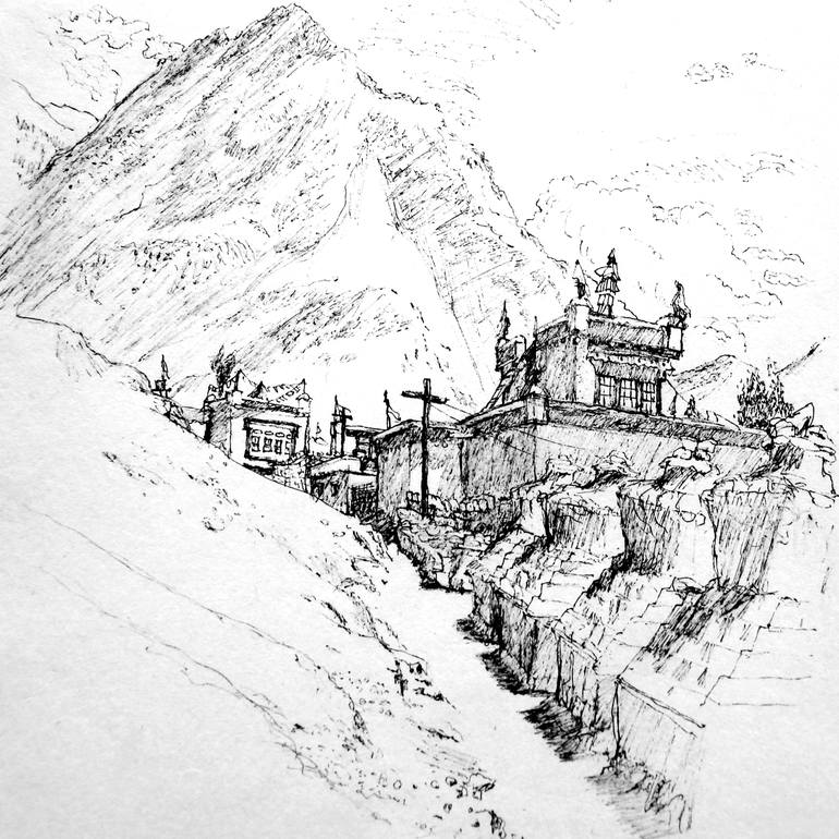 Unfinished Stupas, Ladakh Drawing by Ashutosh Pathak | Saatchi Art