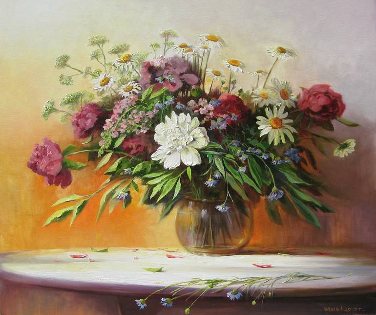 Peonies and chamomile Painting by Alexander Koval | Saatchi Art
