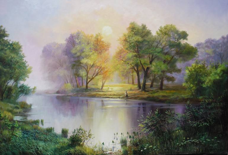Fishing at dawn Painting by Alexander Koval | Saatchi Art
