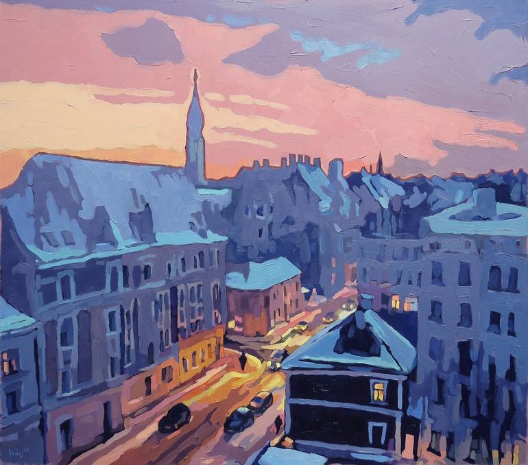 Sunset over the roofs of Riga Painting by Ivan Onnellinen | Saatchi Art
