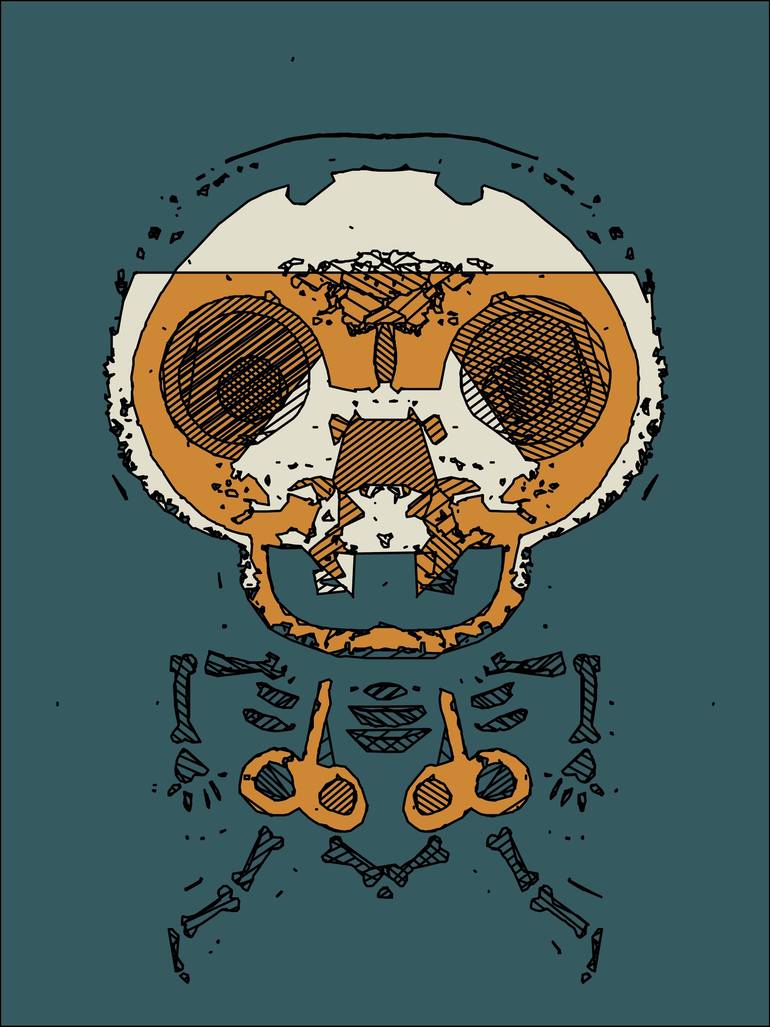 orange and brown skull and bone graffiti drawing with green background ...