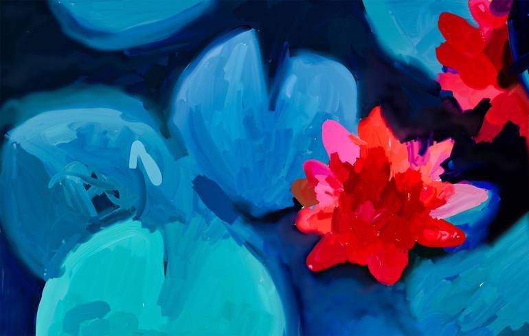 red lotus water lily blooming on water surface Painting by KARTICK ...