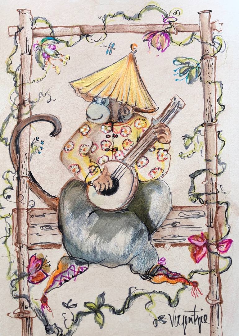 Chinoiserie Monkey with Banjo Painting by Diane Voyentzie | Saatchi Art