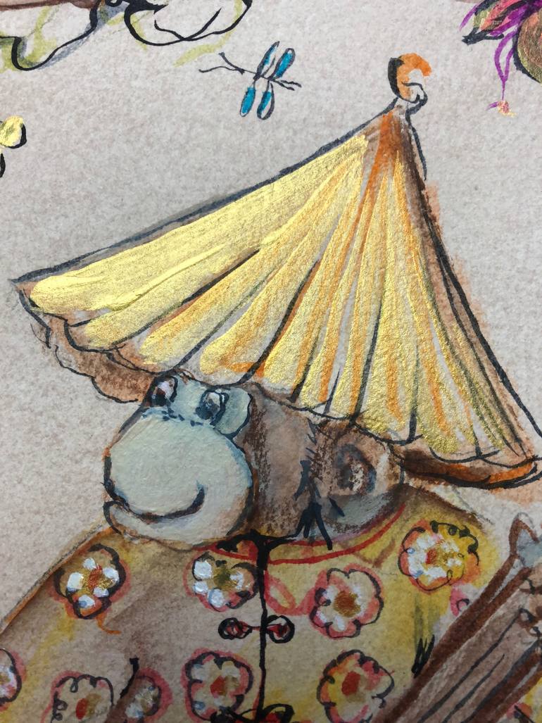 Chinoiserie Monkey with Banjo Painting by Diane Voyentzie | Saatchi Art