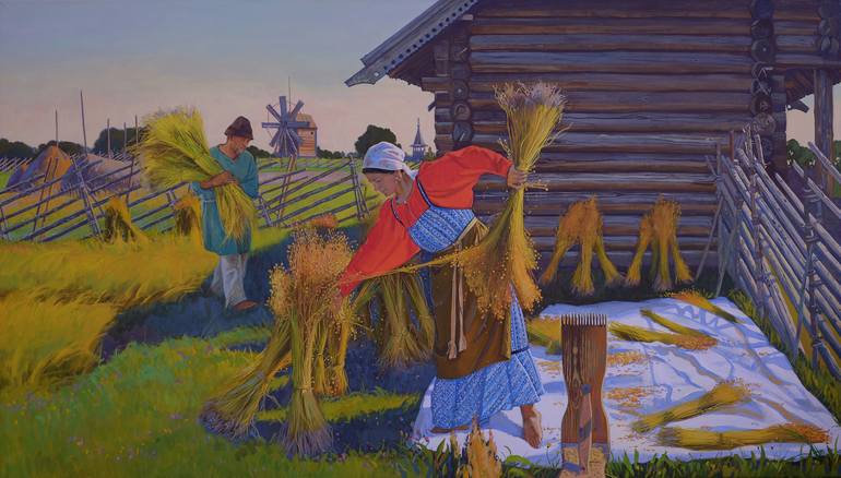 Harvesting of flax Painting by Anastasia Nesterova | Saatchi Art