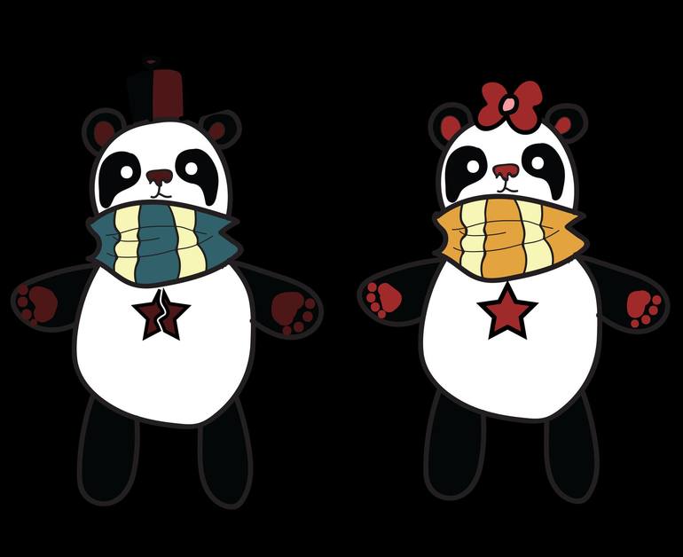 Bam and Kiss the Panda Gods of LOVE Drawing by Aaron Ollero | Saatchi Art