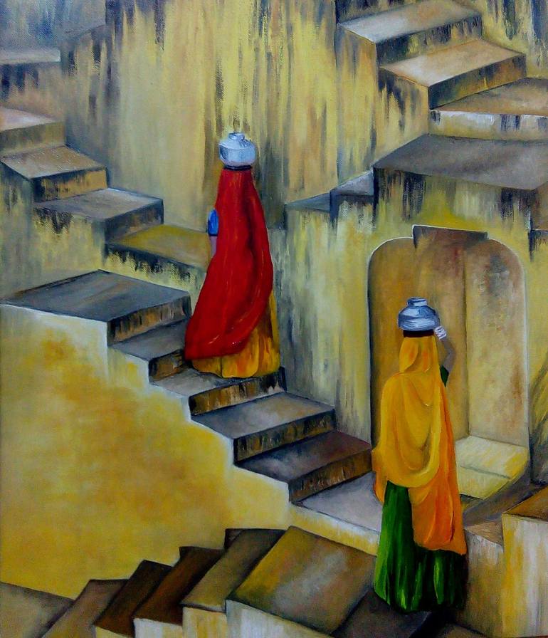 Old well and two women Painting by Vaishali Raul | Saatchi Art
