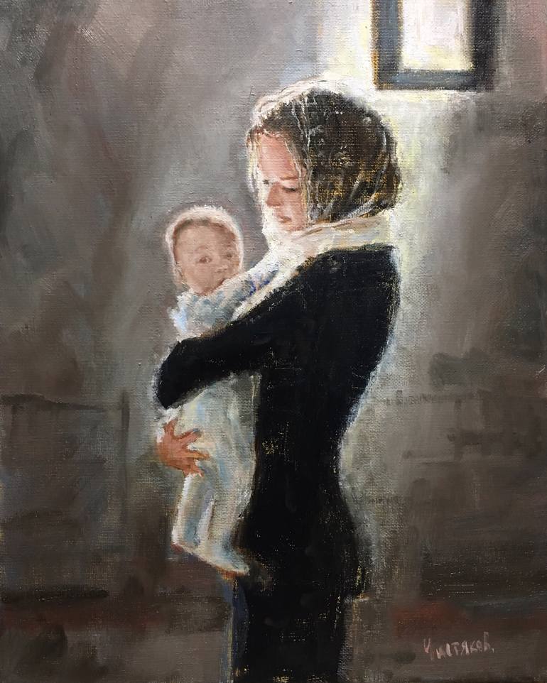 Girl and a little baby Painting by Vsevolod Chistiakov | Saatchi Art