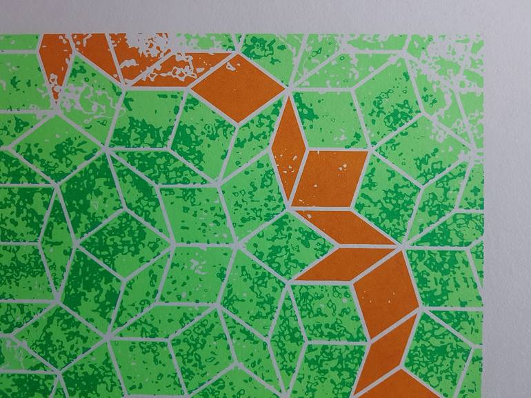 Penrose tiling with geodesic walks in green & orange Printmaking by Ben ...