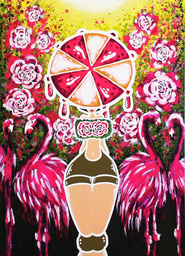 Garden of Eden girl in hat flowers pink flamingo nature Painting by ...