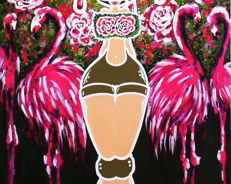 Garden of Eden girl in hat flowers pink flamingo nature Painting by ...