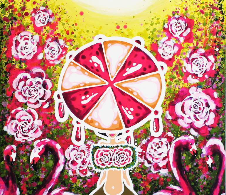Garden of Eden girl in hat flowers pink flamingo nature Painting by ...