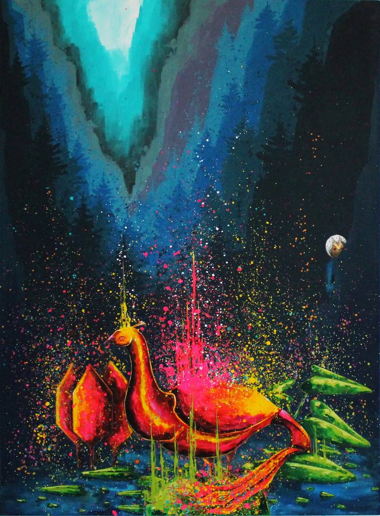 Firebird girl plants beauty flowers mountains waterfall nature Painting ...