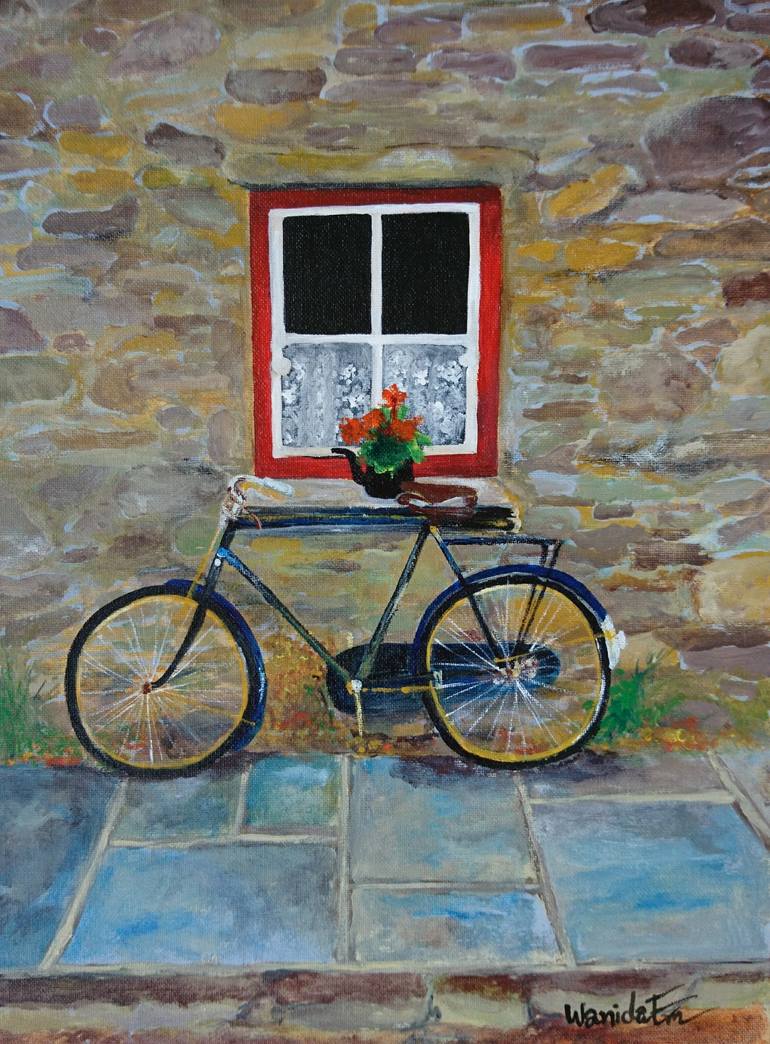 old bicycle and red window Painting by Wanida Em | Saatchi Art