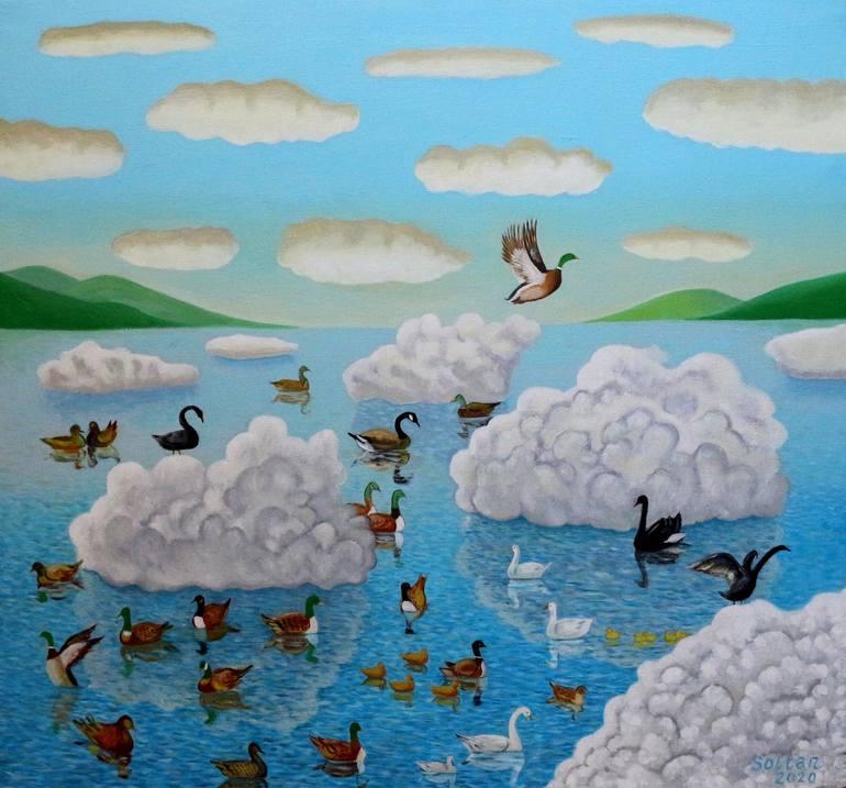 Clouds descending on water. Oil on canvas. 100x100 cm. 2020. Painting ...