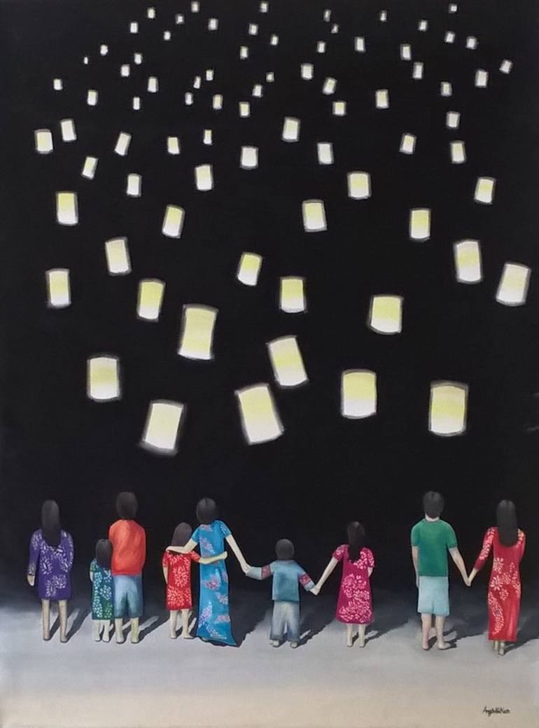 Sky Lanterns Painting by Angie Hickson | Saatchi Art