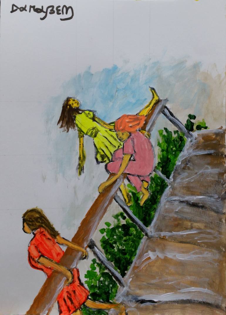 Three girls on the bridge Painting by Darabem artist | Saatchi Art
