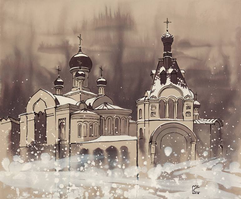 drawing of Neva river St Petersburg Russia winter pen and ink winter black white original ...