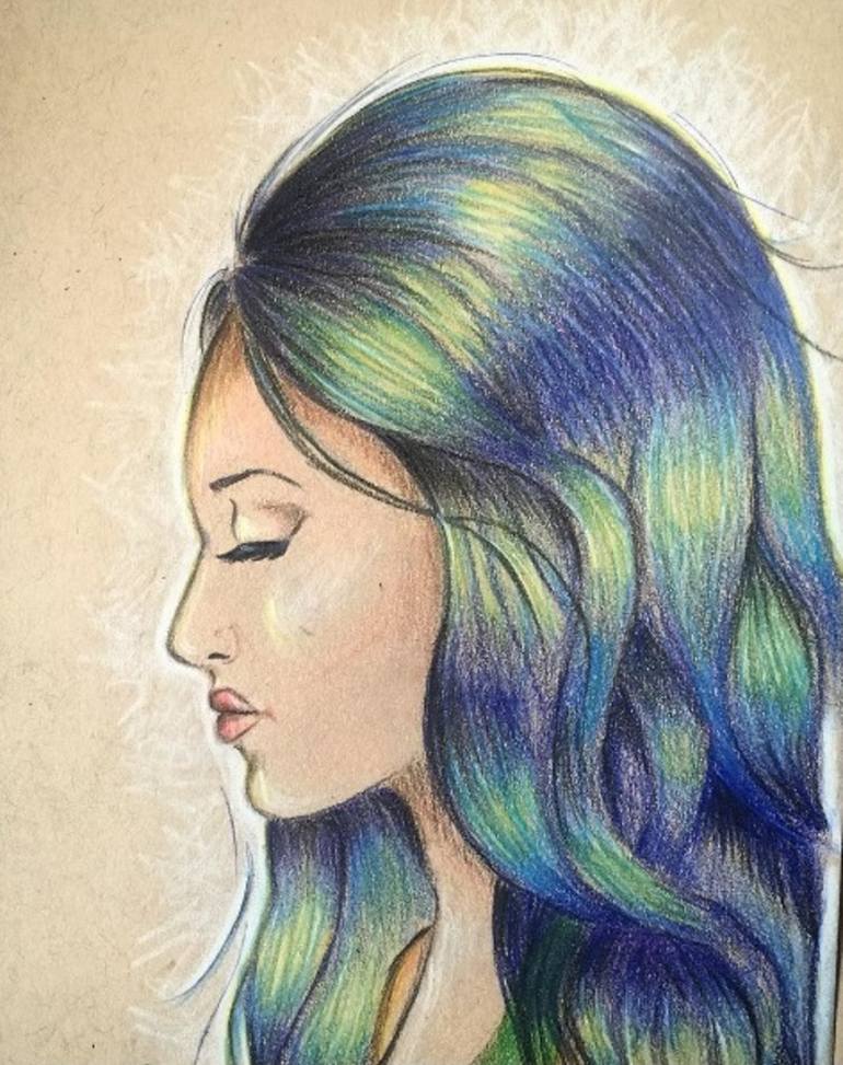 Dreamer Blue Haired Girl Prismacolor Portrait Drawing Drawing by Rowan ...