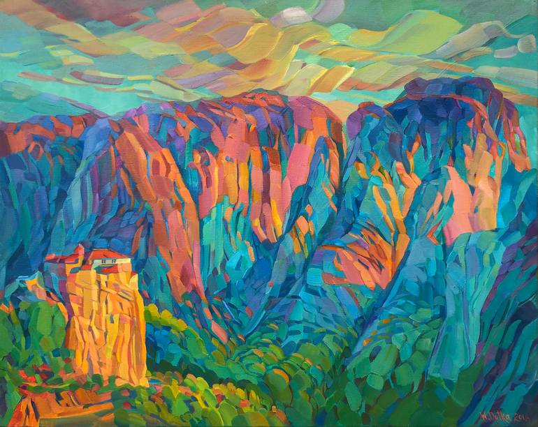 Meteora. Gilded by the sun Painting by Vasyl Dutka | Saatchi Art