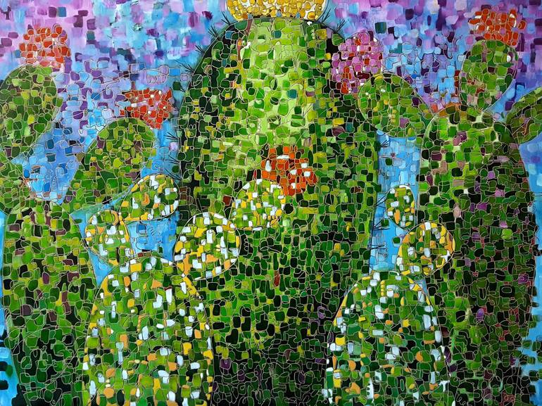 Cactus Flowers CARVED Painting Painting by Sharon Feldstein | Saatchi Art