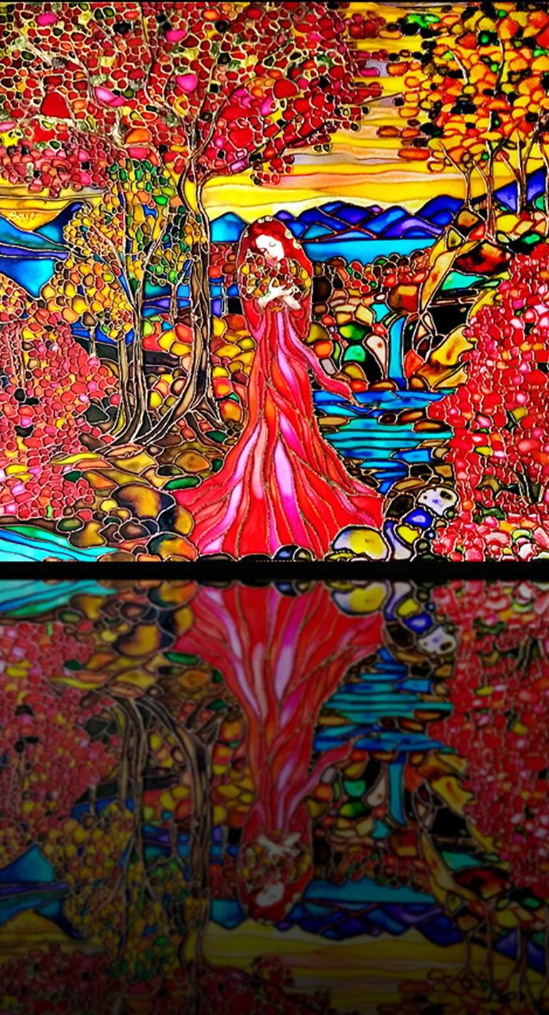 Stained glass wall sculpture. Beautiful woman portrait, fairy autumn ...